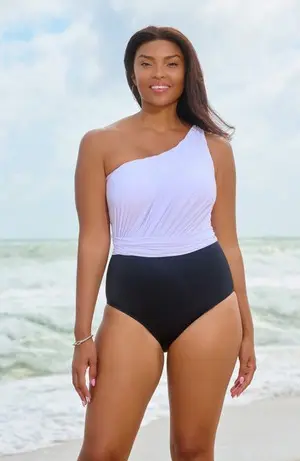 TRIMSHAPER Heather One-shoulder One-piece Swimsuit - Black || White